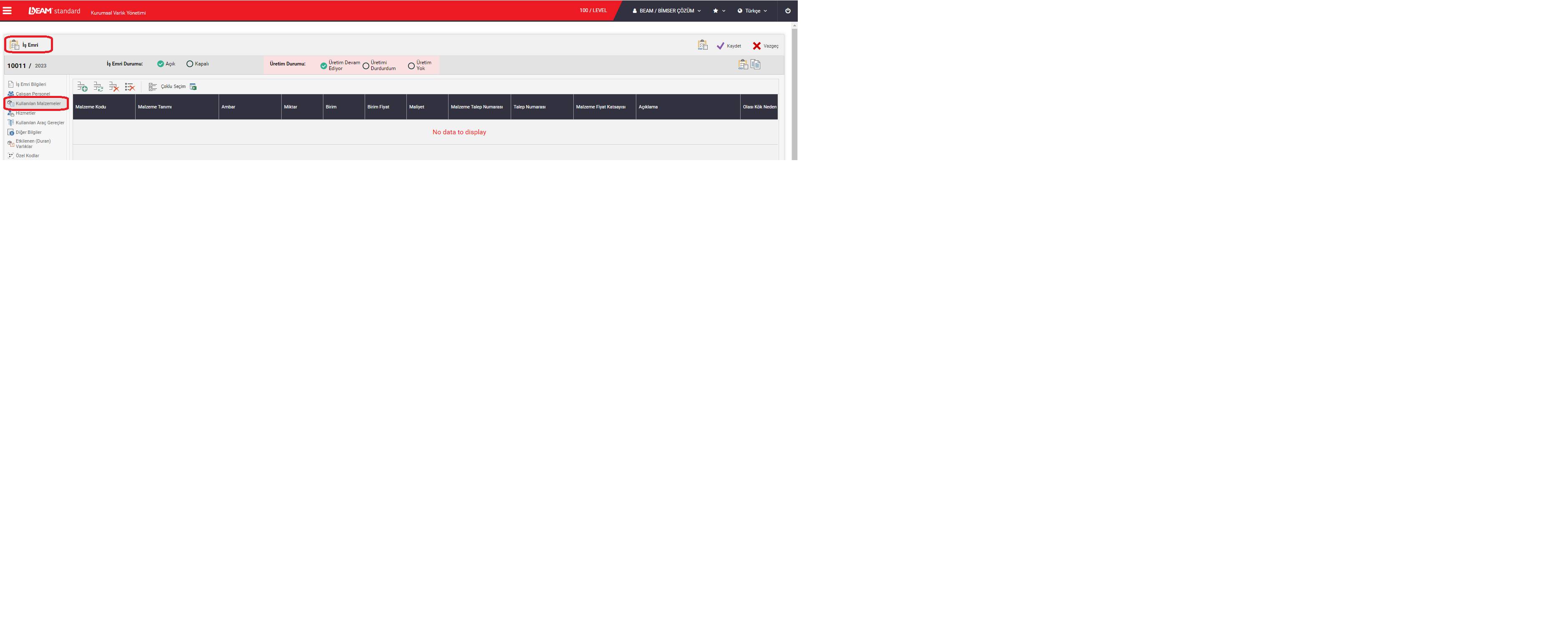 İş Emri Malzeme Kullanımı | Bimser